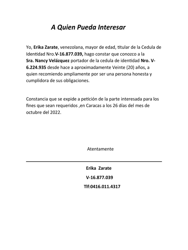 Erika Zarate A Quien Pueda Interesar.docx | PDF
