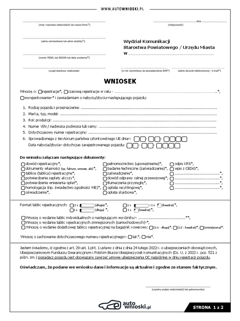 Wniosek o Rejestracje Przerejestrowanie Wyrejestrowanie 24 PDF | PDF