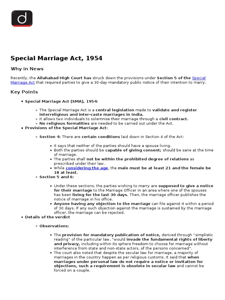 Special Marriage Act 1954 Pdf Marriage Ethical Principles
