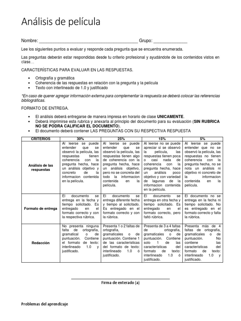 Análisis de Película-Caracteristicas y Rubrica PDF | PDF | Rúbrica ...