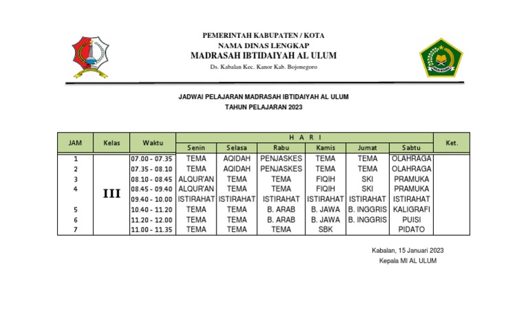 Jadwal Pelajaran Mi | PDF