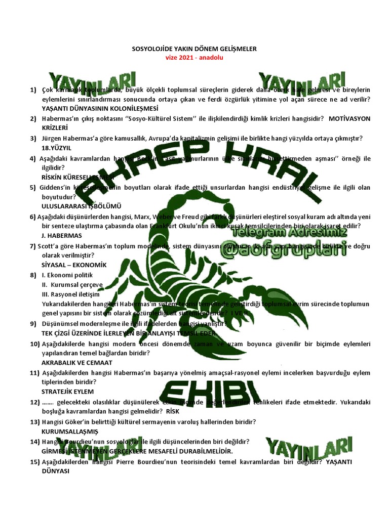 Sosyolojide Yakın Dönem Gelişmeler - Vize 2021 Anadoluuuuunm PDF | PDF