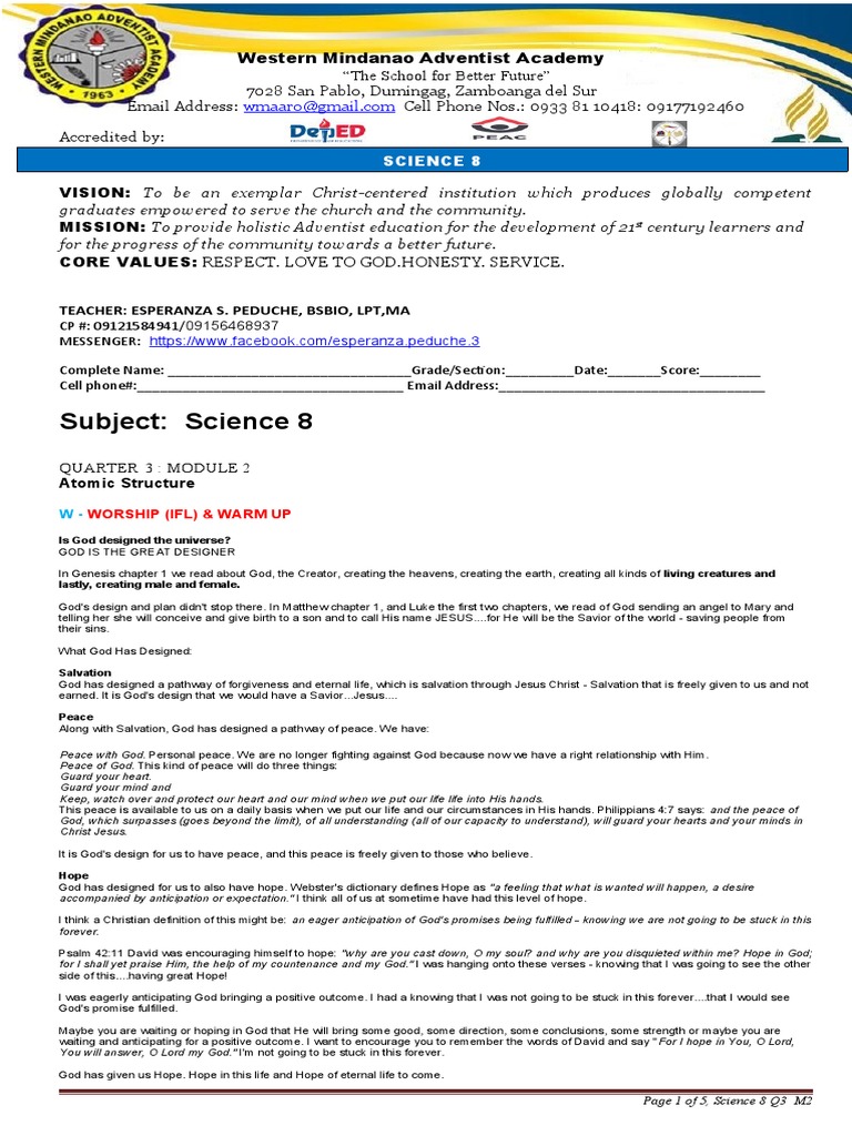 2022 Science 8 Q3 Module 2 Pdf Atoms Proton