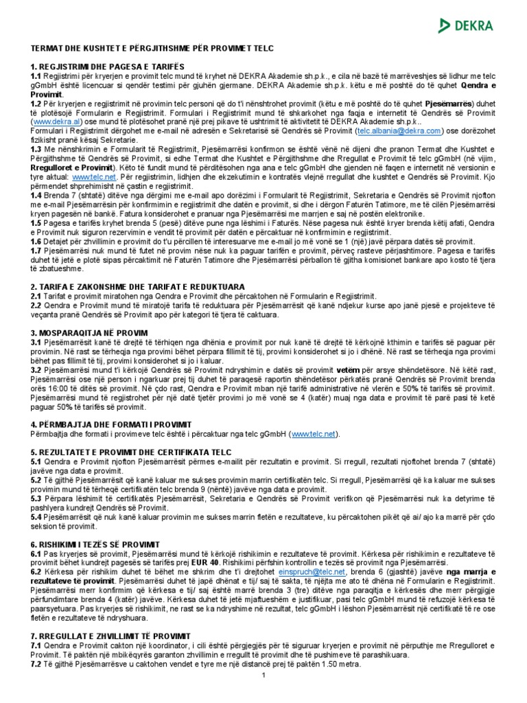 Termat Dhe Kushtet e Përgjithshme Për Provimet Telc | PDF