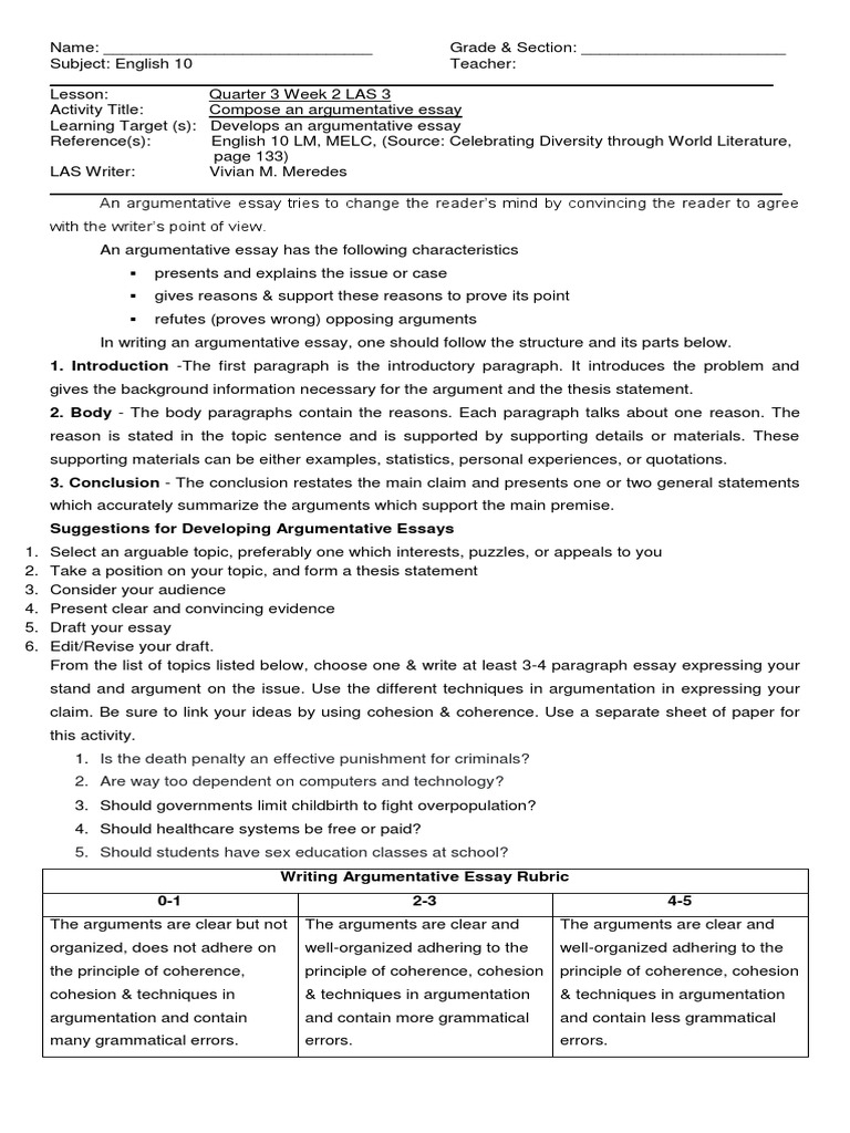 Final Eng10 Q3W2 Las3 Meredes-Final | PDF | Essays | Argument