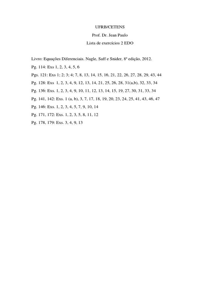 Lista de Exercícios EDO 2 - 2020-2 PDF | PDF | Métodos e Materiais de Ensino