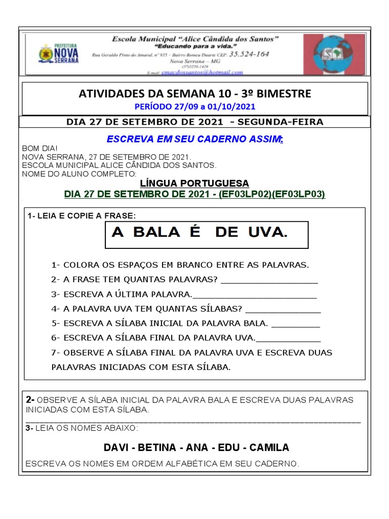 Atividades escolares de Português e Matemática para a 3a semana do 3o bimestre | PDF