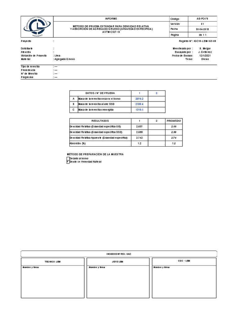Densidad agregado gravedad específica ASTM C127 | PDF