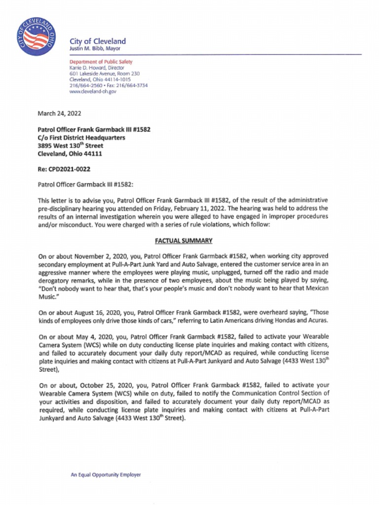 Officer Frank Garmback III Suspension Letter | PDF