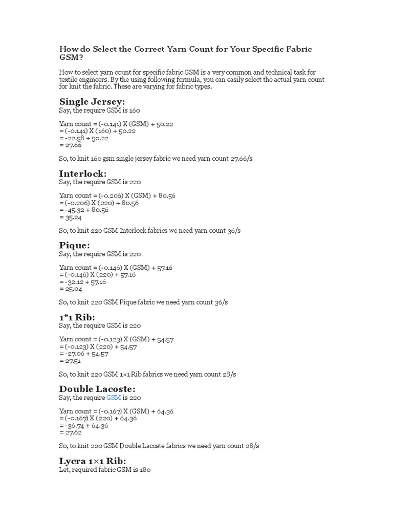 How Do Select The Correct Yarn Count For Your Spec | PDF