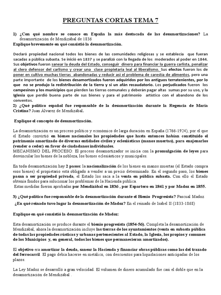 Preguntas Cortas Tema 7 | PDF | España