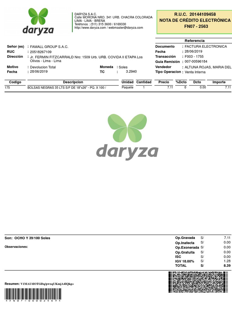 R.U.C. 20144109458 Nota de Crédito Electrónica FN07 - 2563: Referencia ...