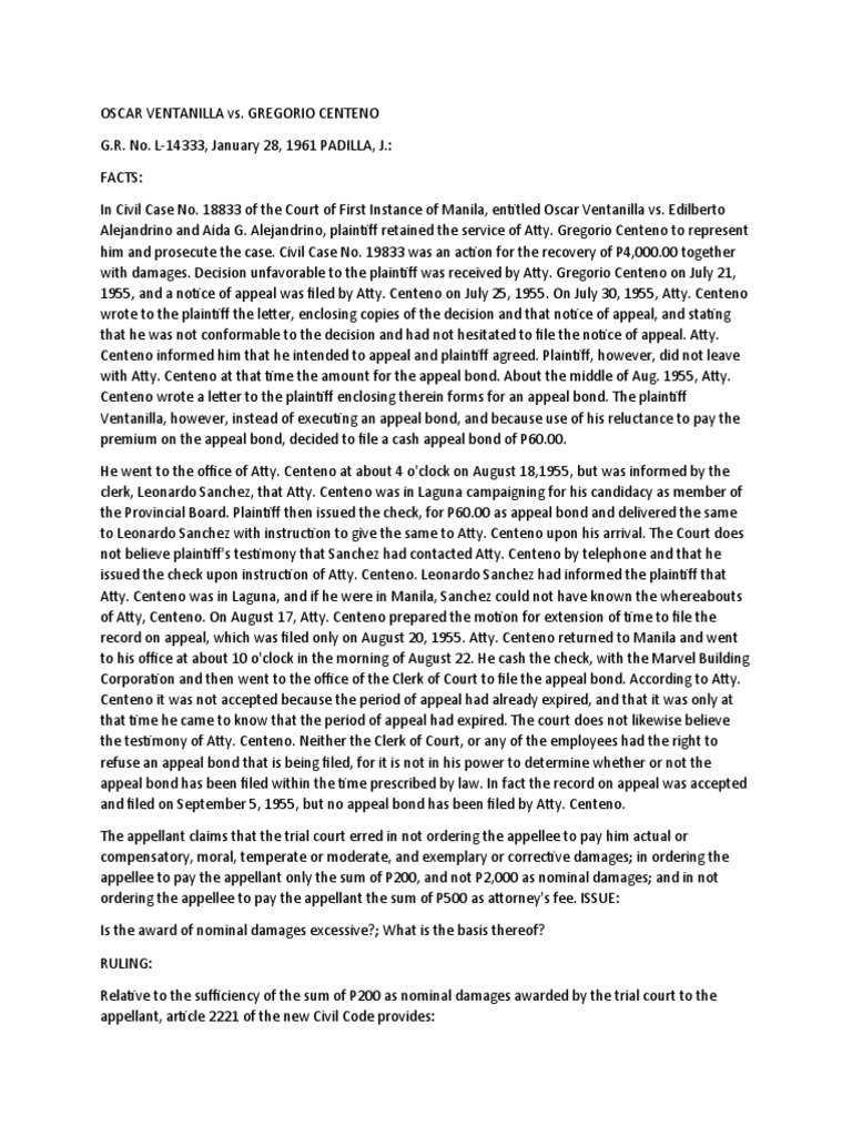 Ventanilla V Centeno G.R. No. L-14333 | PDF | Damages | Lawsuit