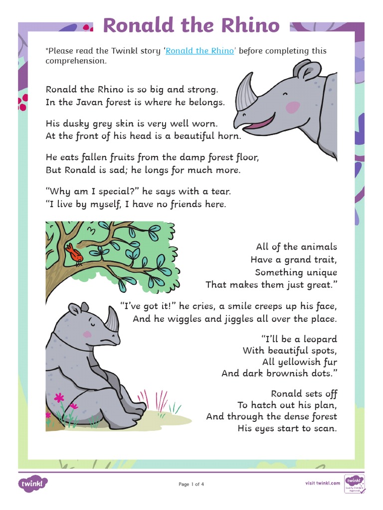 Ronald the Rhino: A Comprehension Guide | PDF