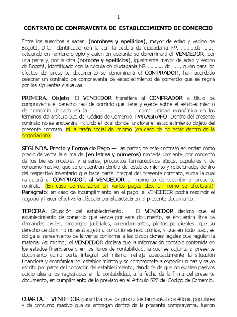 Modelo Contrato de Compraventa Establecimiento de Comercio | PDF ...