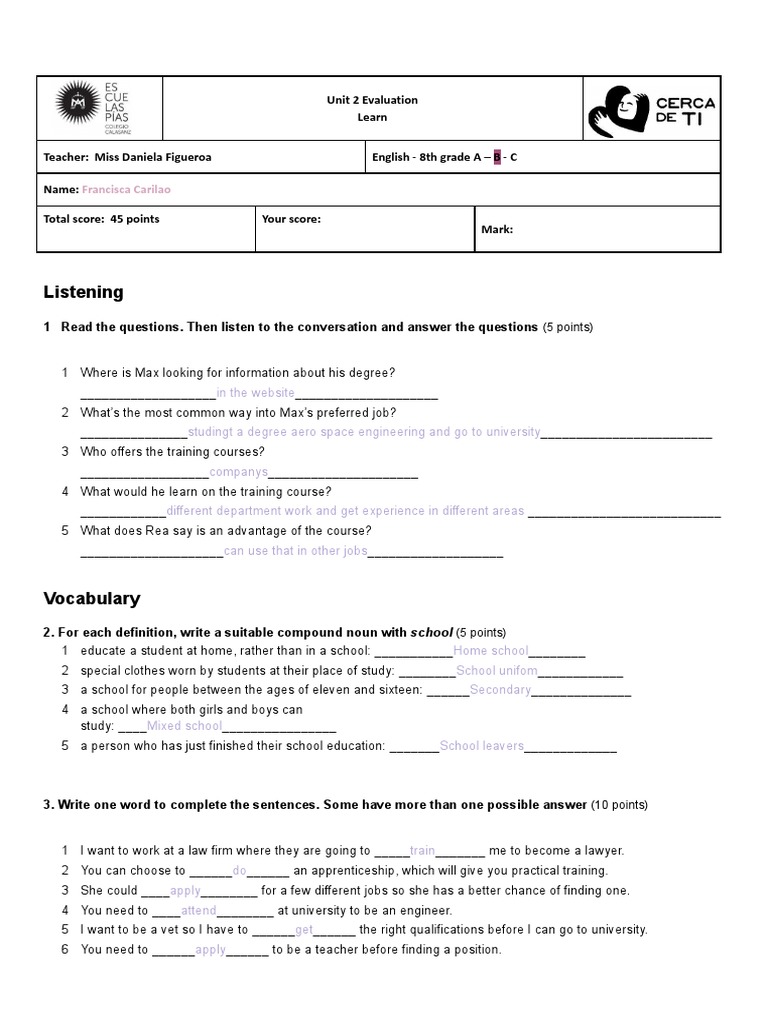 8 Grade Test Unit II | PDF | Schools | Teachers