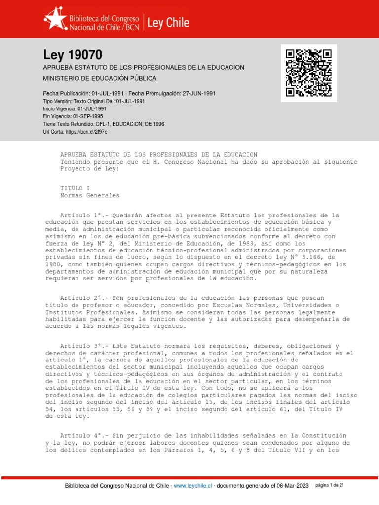 Ley 19070 - 01 Jul 1991 | PDF | Educación más alta | Derecho laboral