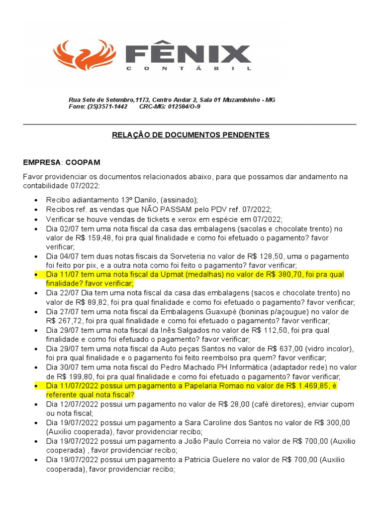 Pendencias Contabilidade | PDF | Documentos empresariais | Produção e ...