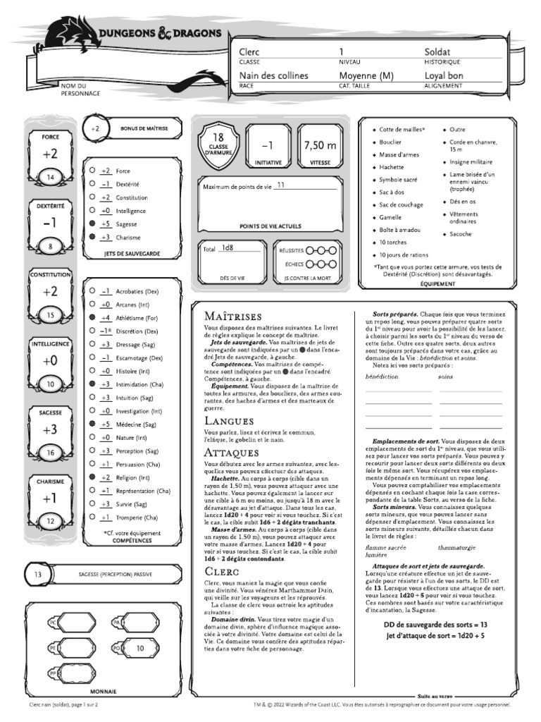 Donjon & Dragon - Fiche Personnage (Nain Clerc) | PDF