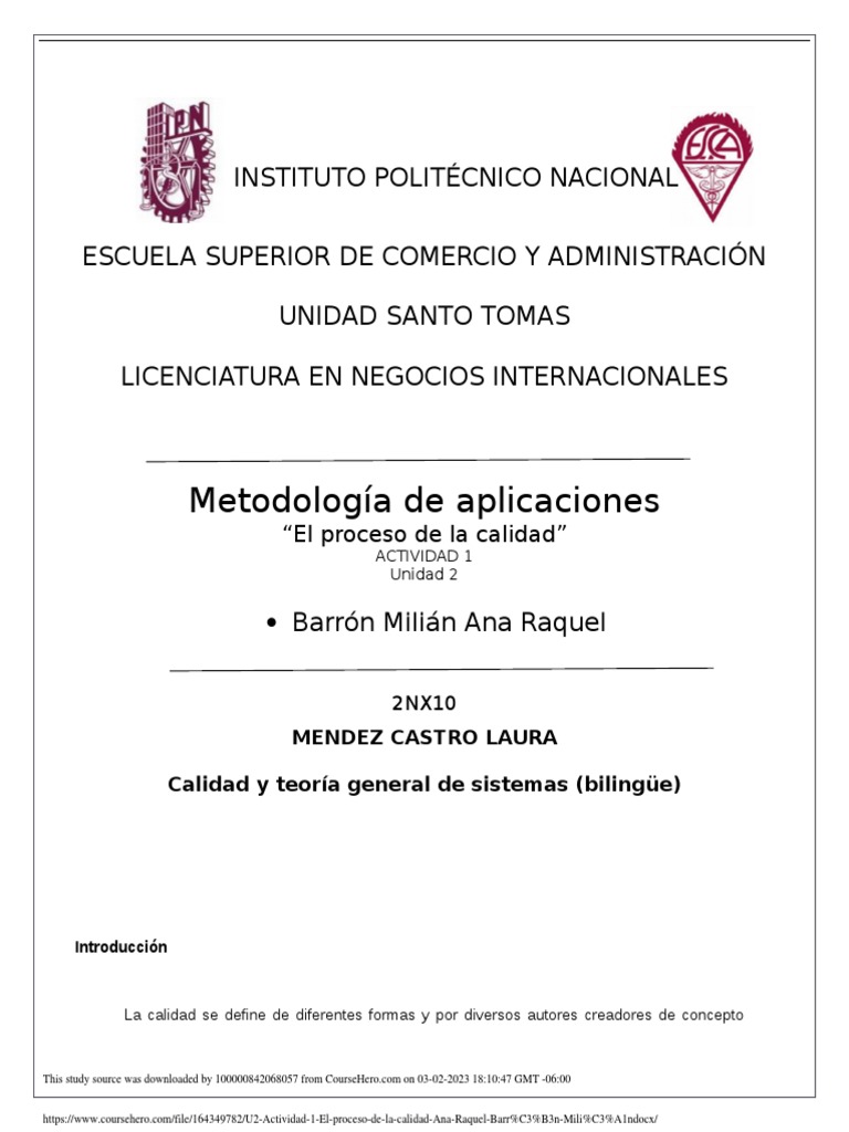 U2 Actividad 1 El Proceso de La Calidad - Ana Raquel Barr N Mili N | PDF | Calidad (comercial ...