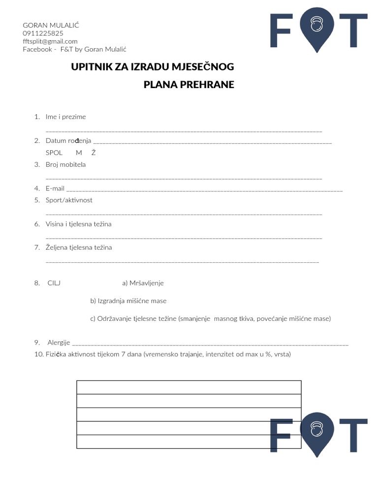 Upitnik Za Izradu Mjesecnog Plana Prehrane | PDF