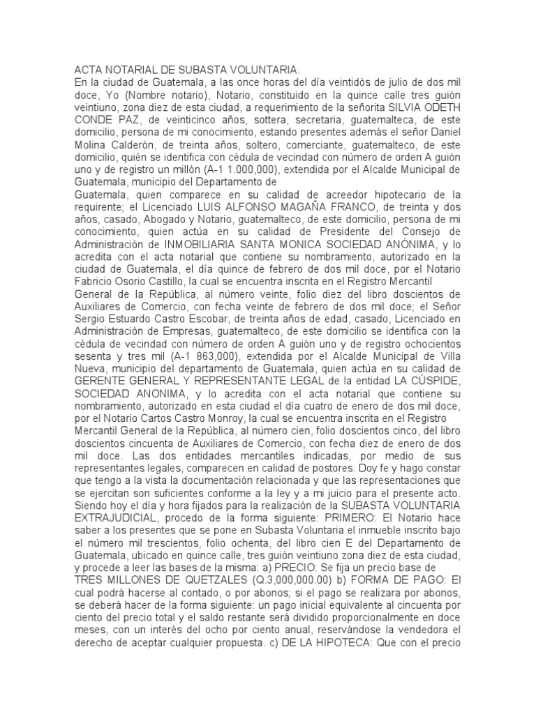 Acta de Subasta Notarial Voluntaria | PDF | Subasta