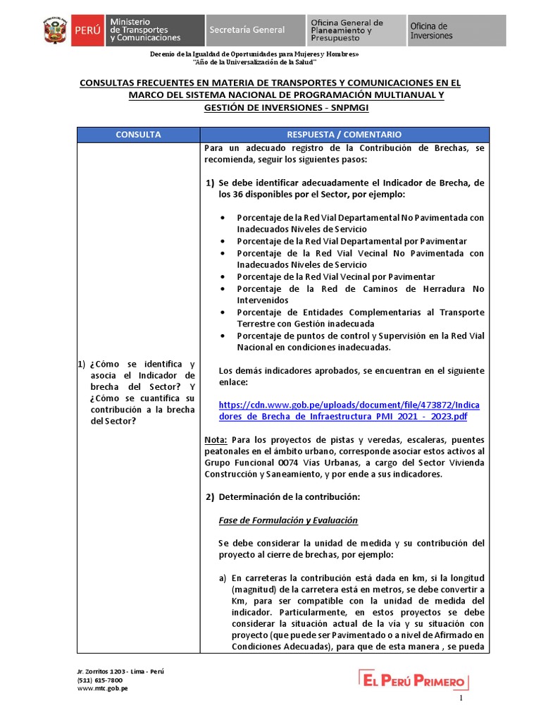 Consultas Frecuentes MTC en El Marco Del Invierte 2020 PDF | PDF | La ...