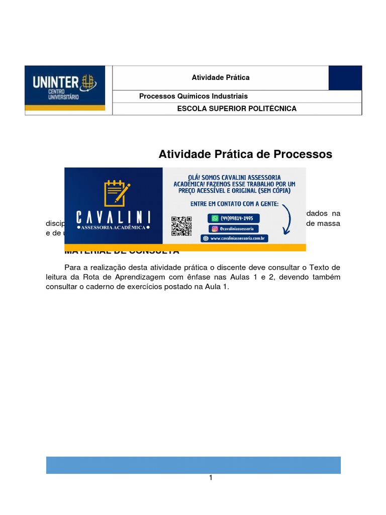 ATIVIDADE PRÁTICA DE PROCESSOS QUÍMICOS INDUSTRIAIS - UNINTER.pdf | PDF | Química | Entalpia