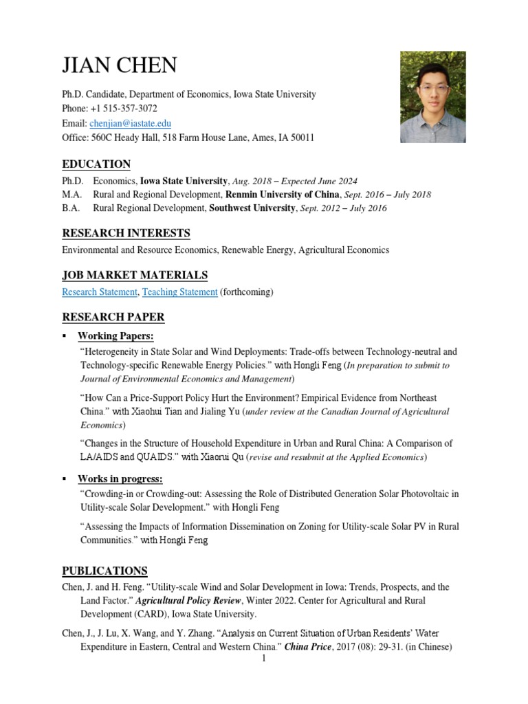 JIAN CHEN: Economics Ph.D. Candidate Profile | PDF | Experiment ...