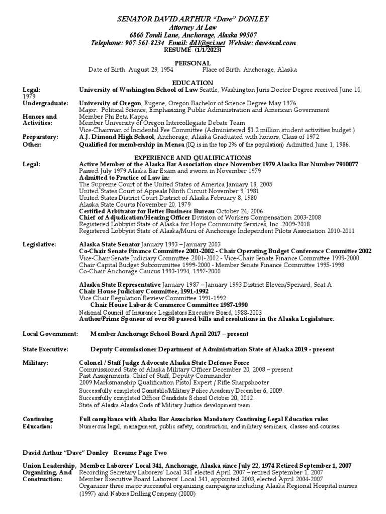 David Donley's Resume | PDF | Alaska | United States Senate