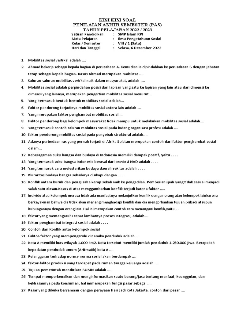 Kisi Kisi Soal PAS Ganjil IPS Kelas 8 2022 | PDF