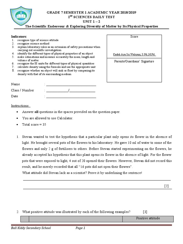 UH Science 1 | PDF | Density | Volume