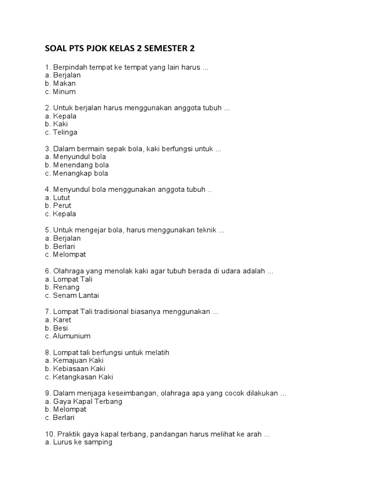 Soal PTS PJOK Kelas 2 Semester 2 | PDF