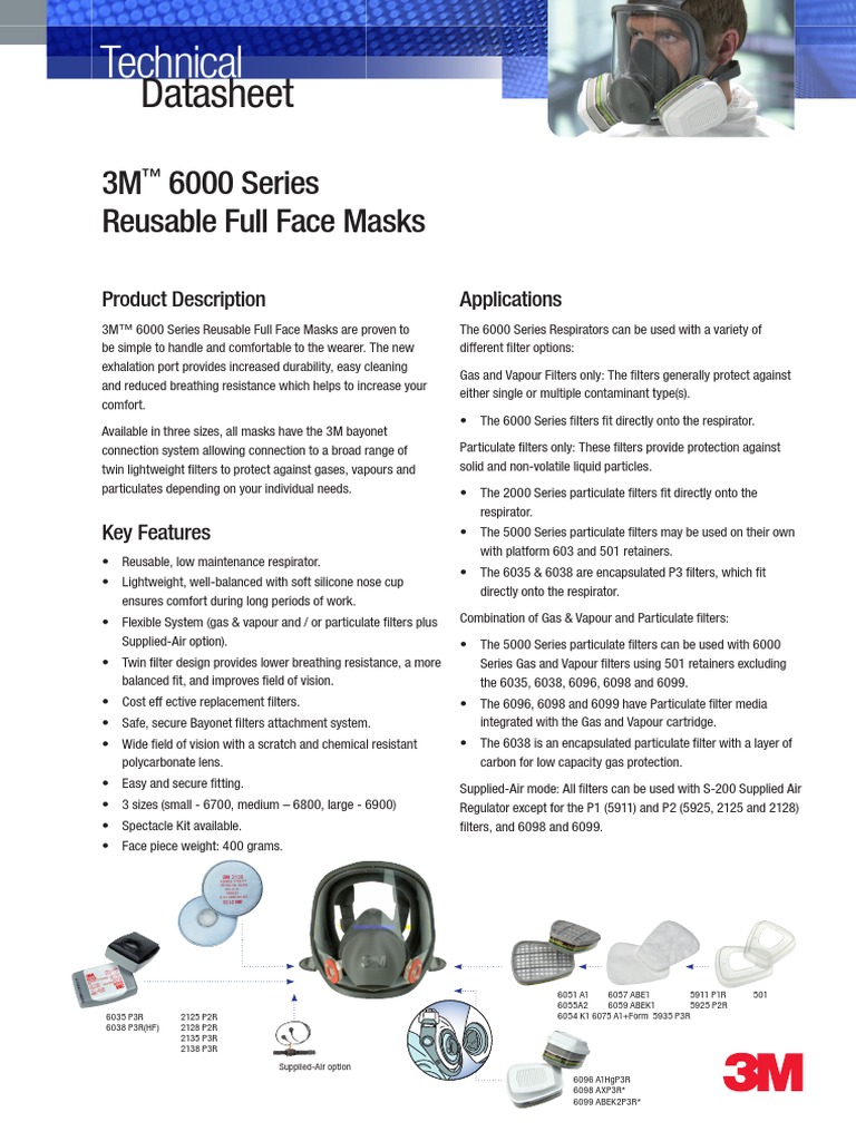 3m 6000 Series Reusable Full Face Mask Respirator Technical Datasheet | PDF | Chemistry | Materials