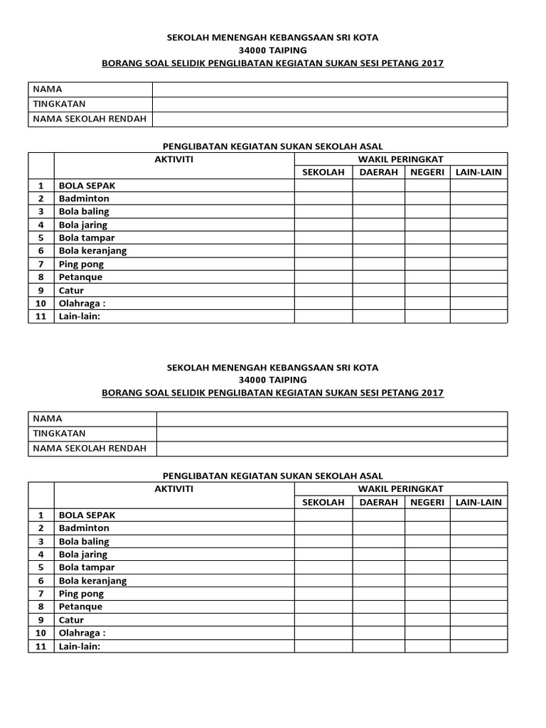 borang soal selidik sukan | PDF