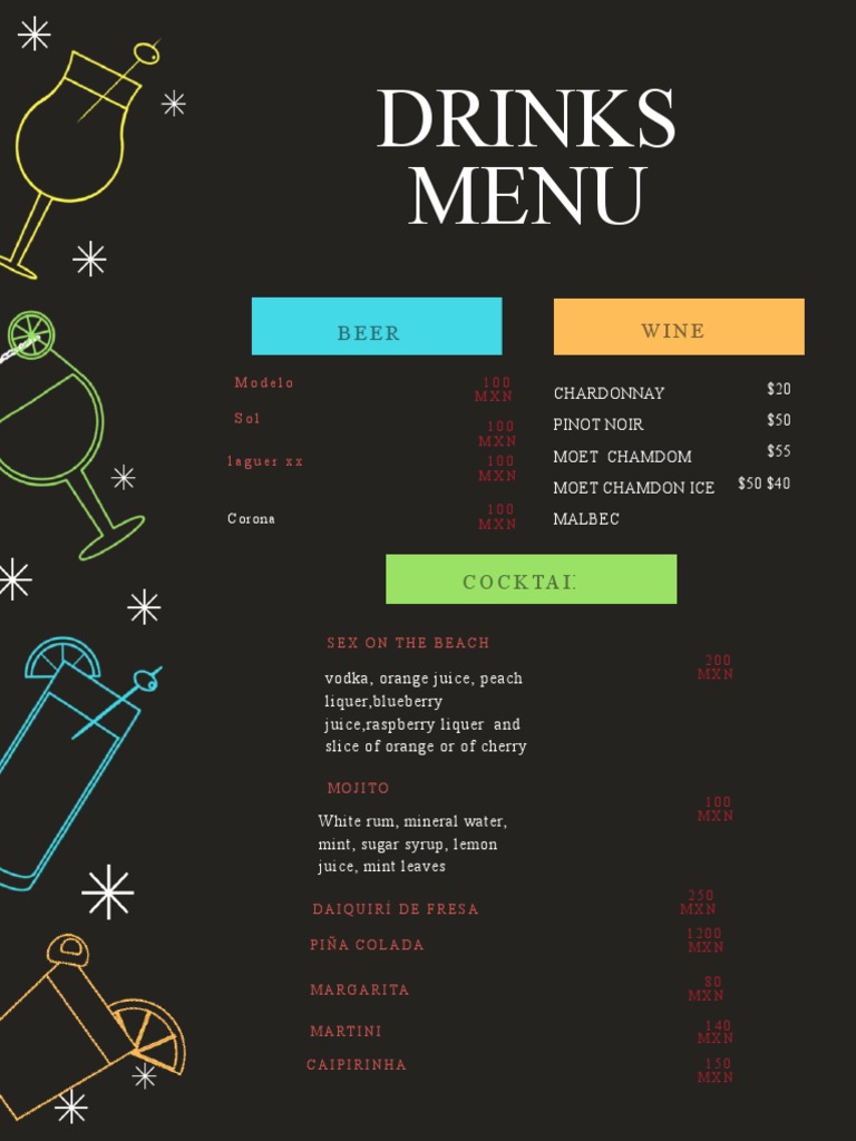 Menu de Bebidas en Ingles | PDF | Drink | Fermented Drinks