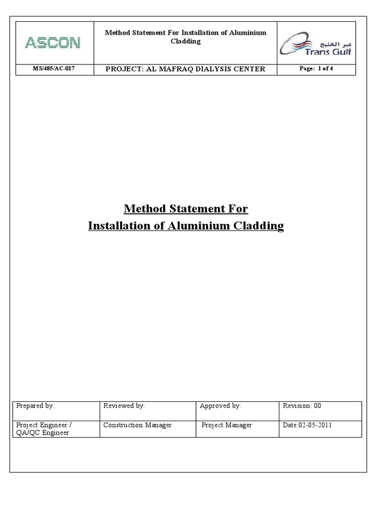 Aluminium Cladding Method Statement Pdf Duct Flow Pipe Fluid
