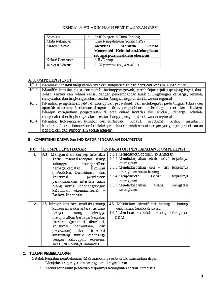 Contoh RPP IPS SMP Kelas 7 Semester 2 Ta | PDF