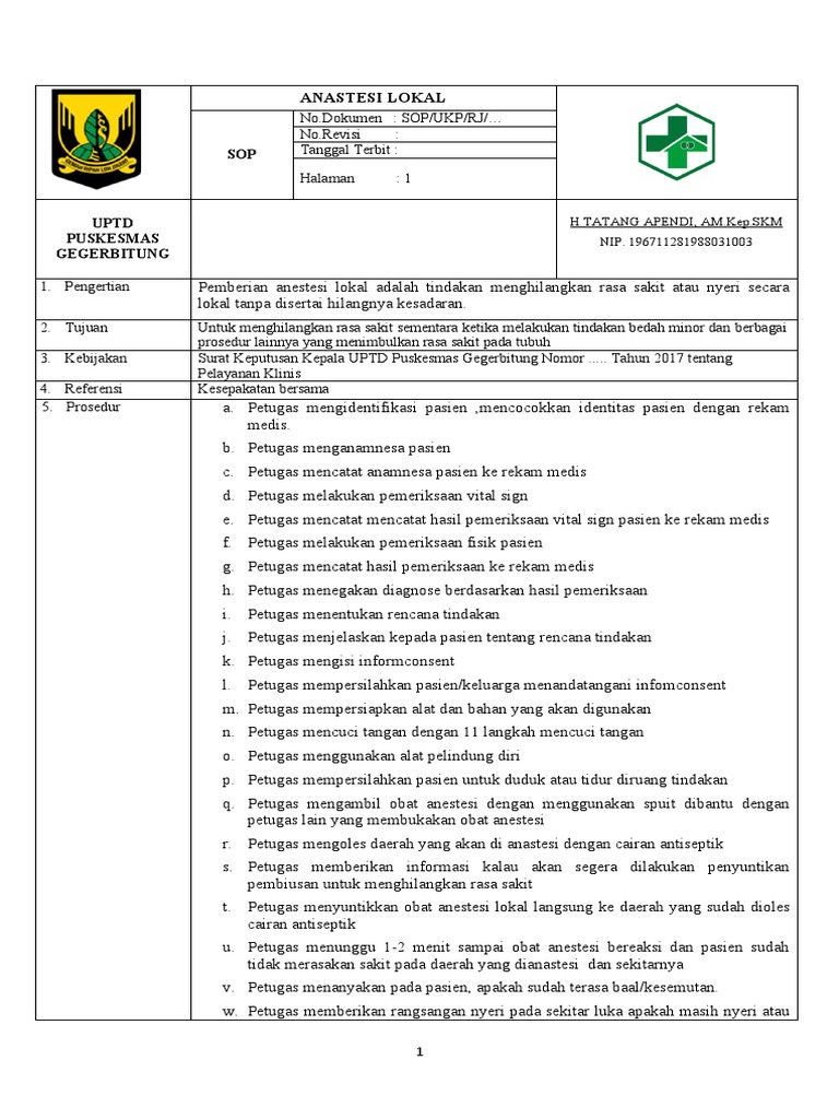 Sop Anastesi Lokal | PDF