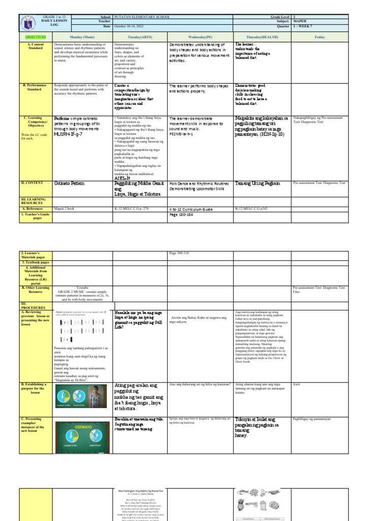 Putatan Elementary School's Grade 2 MAPEH Daily Lesson Log for Week 7 ...