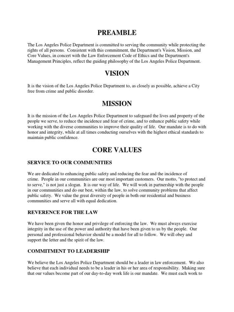 PREAMBLE of Lapd | PDF | Police | Integrity