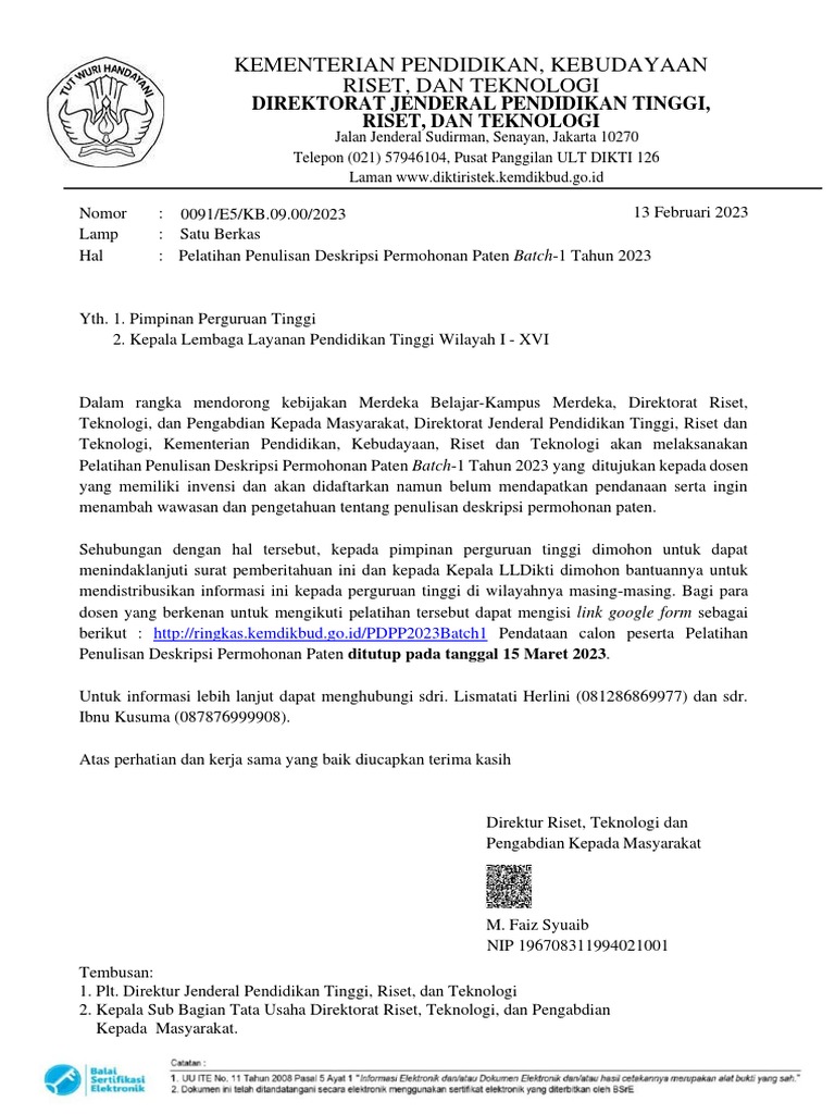 Surat Pemberitahuan Pendaftaran Calon Peserta PDPP Batch1 Tahun 2023 Rev | PDF