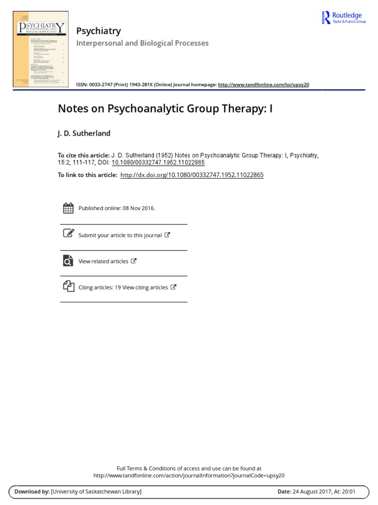 1952 Sutherland Notes On Psychoanalytic Group Therapy I | PDF ...