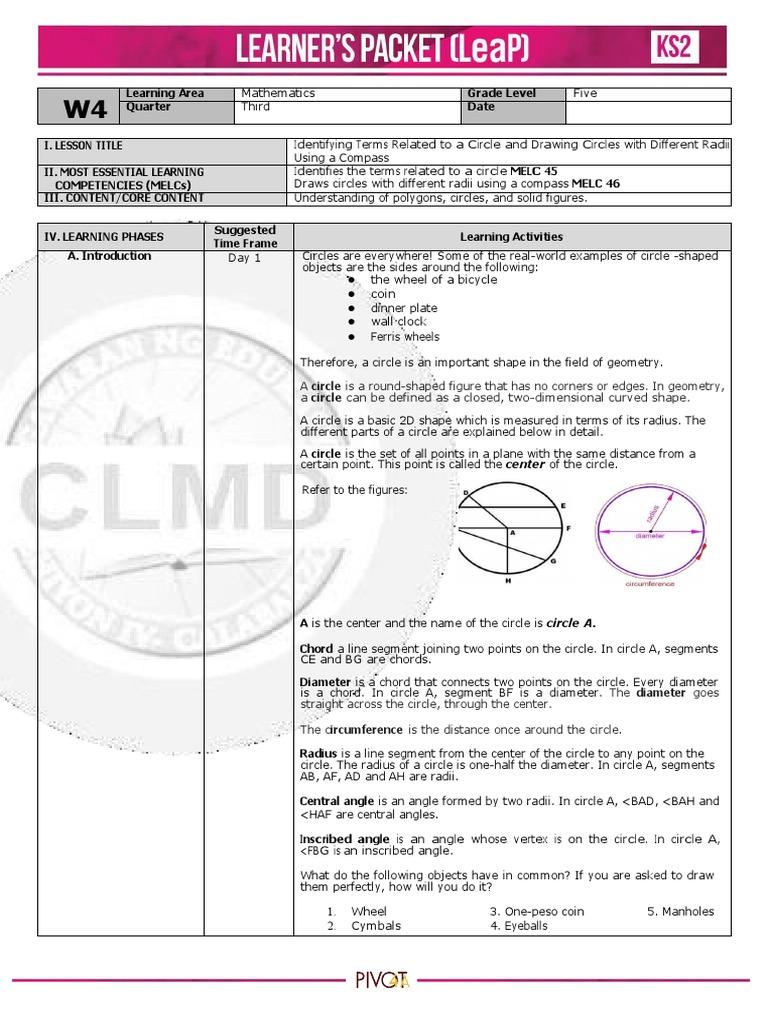 LeaP Math G5 Week 4 Q3 | PDF | Circle | Diameter