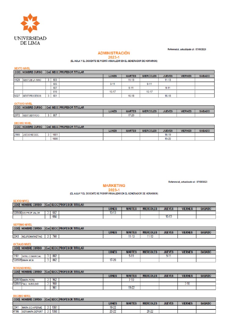 Horarios Ulima 2023-1 PDF | PDF