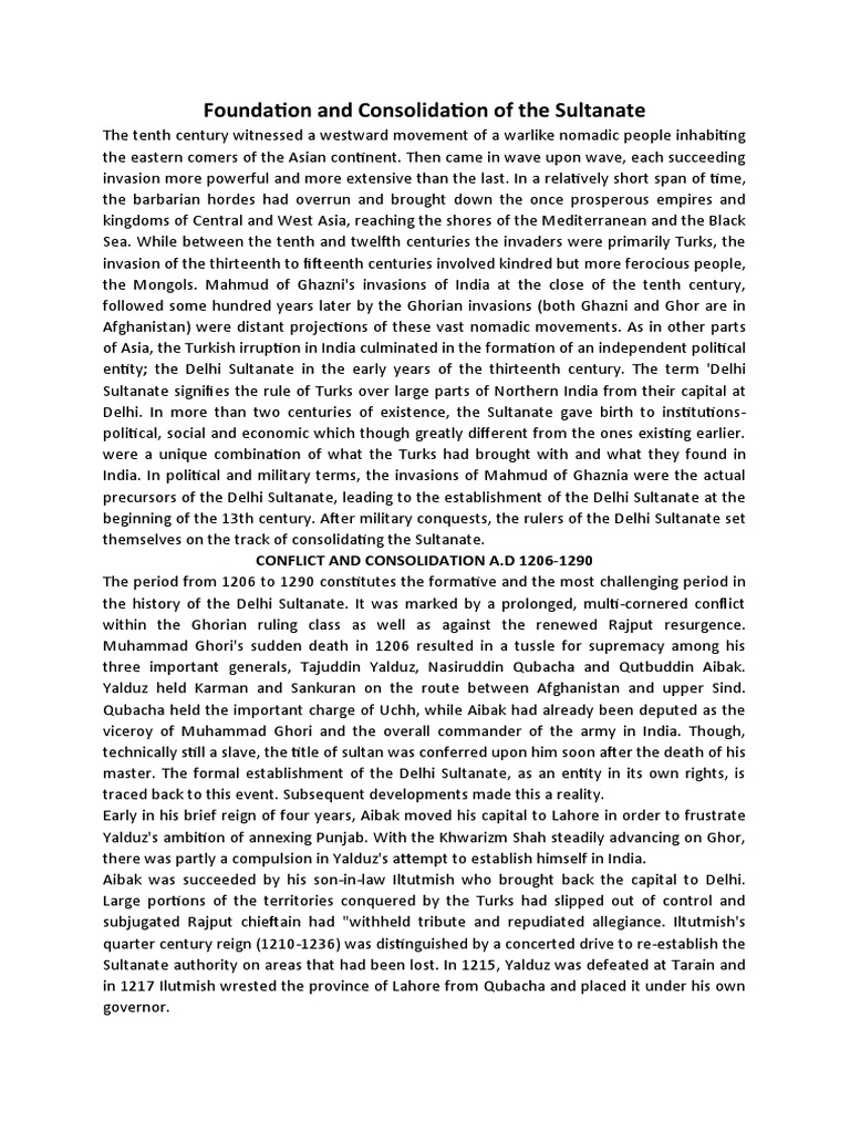 Foundation and Consolidation of Delhi Sultanate | PDF