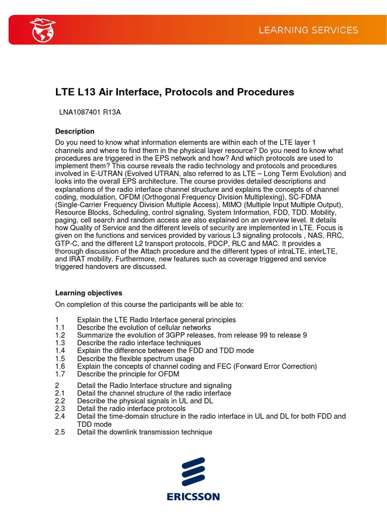Course Description - LTE L13A Air Interface and Protocols Procedures | PDF | Mimo ...