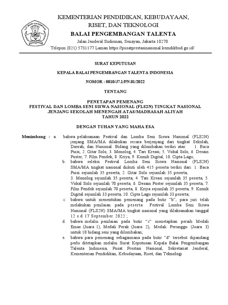 SK Pemenang FLS2N Jenjang SMA-MA TK Nasional Tahun 2022 | PDF