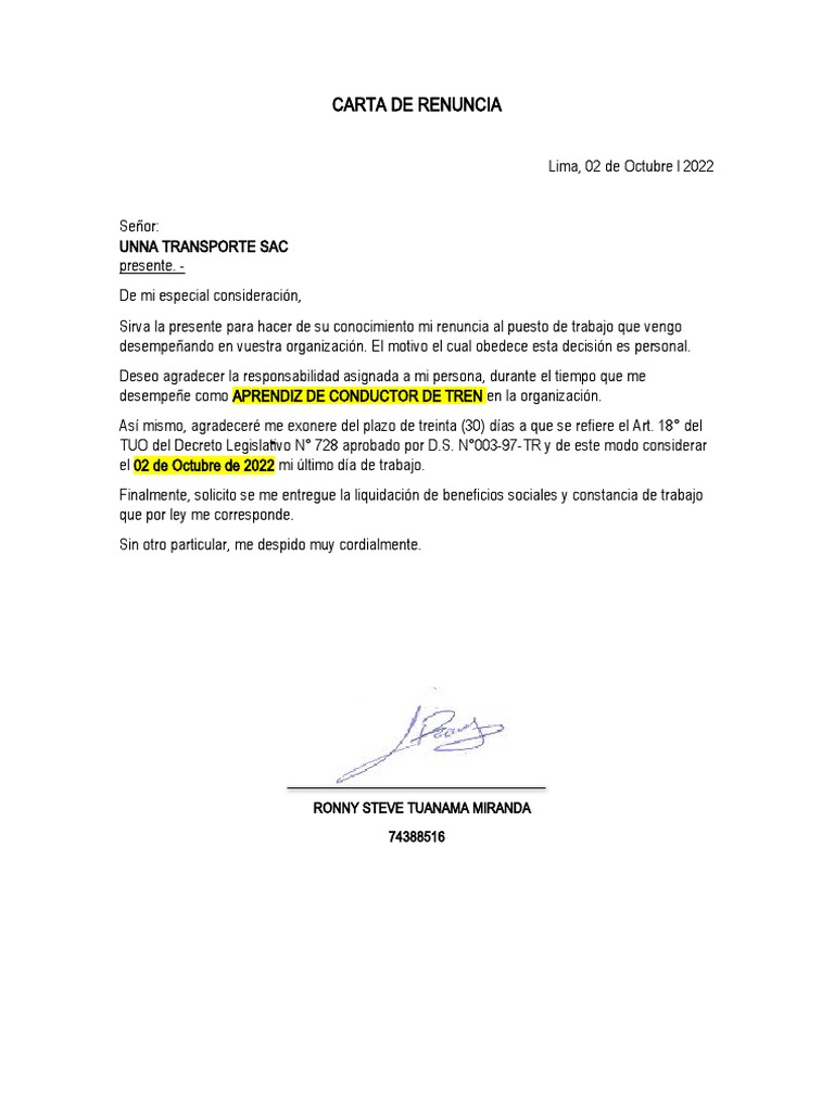 Carta de Renuncia Ronny | PDF | Finanzas y dinero