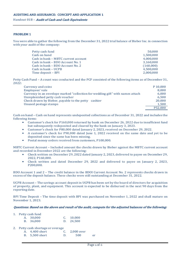 AP Handout 01 Audit of Cash PDF | PDF | Banks | Transaction Account
